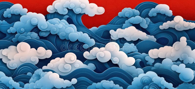 Stylized Ocean Waves and Clouds in Blue and White Against Vibrant Red ...