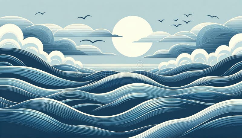 Stylized Ocean Waves and Clouds with Sun Illustration, AI Generated ...