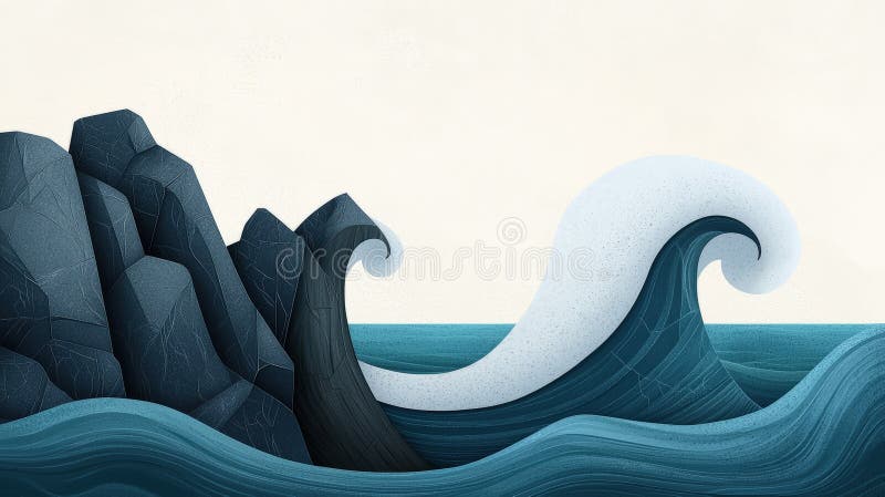 Stylized Ocean Waves and Rocky Coastline Stock Illustration ...
