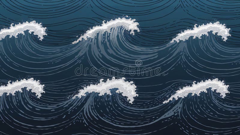 Stylized Ocean Waves Seamless Pattern, Deep Blue High Quality Image ...