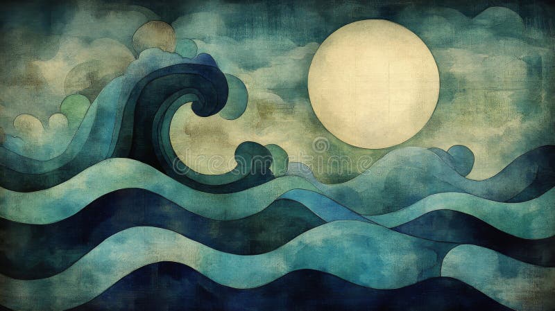 Stylized Ocean Waves Under a Full Moon at Night Stock Illustration - Illustration of dreamy ...