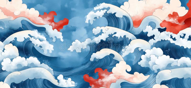 Stylized Ocean Waves with Vibrant Colors and Dynamic Movement in a ...