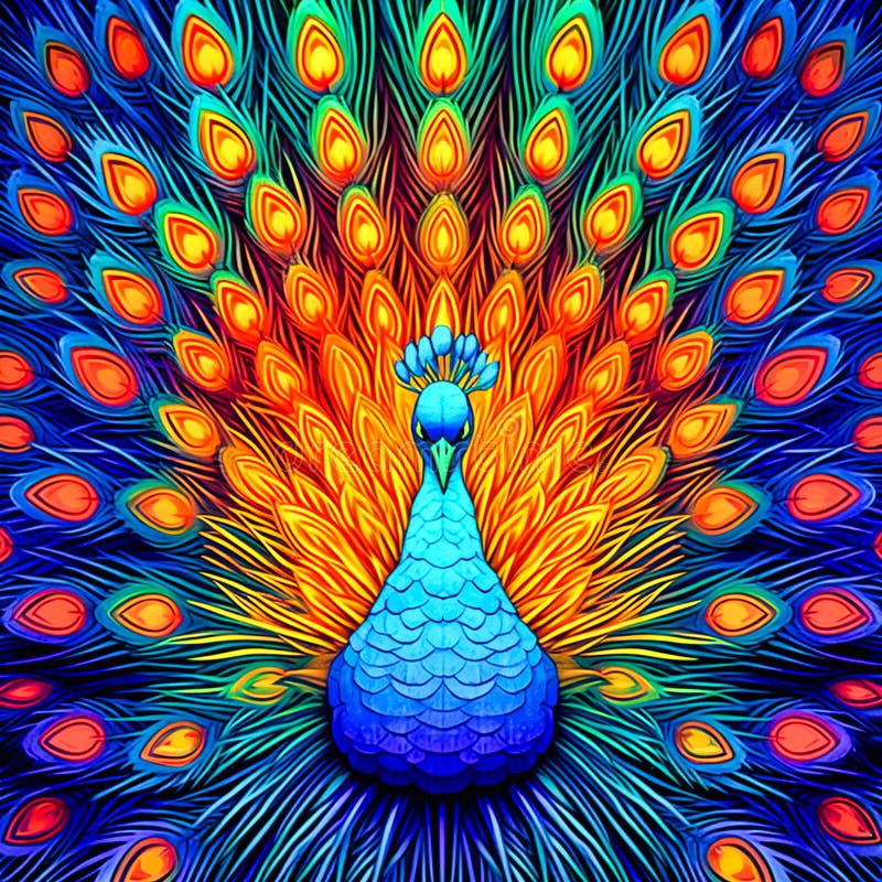 A Stylized Op Art Peacock with Surreal Neon Feathe, Generative AI Stock ...