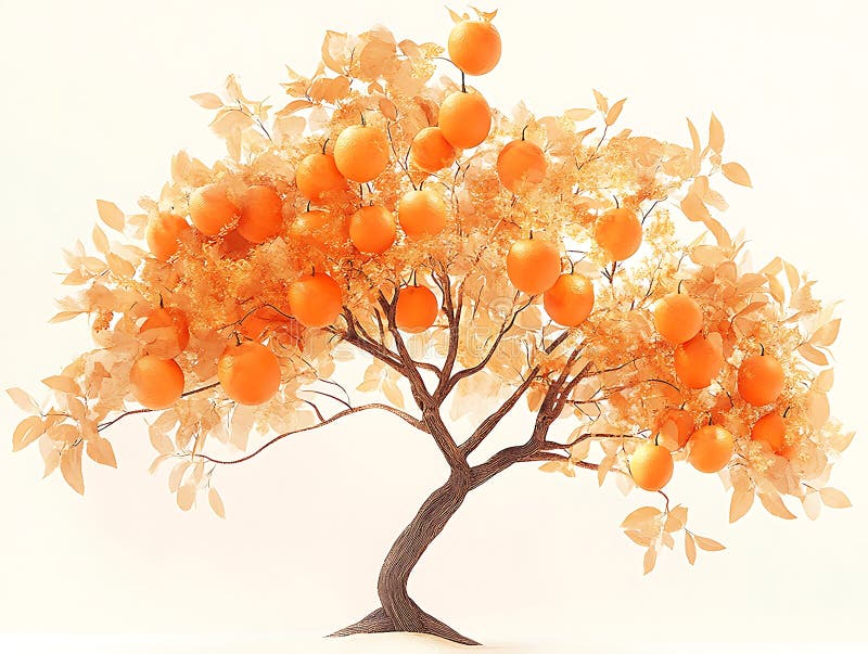 Stylized Orange Tree with Vibrant Fruit and Soft Toned Leaves Stock ...
