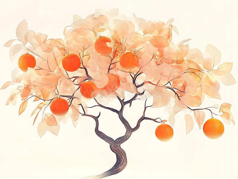 Stylized Orange Tree with Vibrant Fruit and Soft Toned Leaves Stock ...