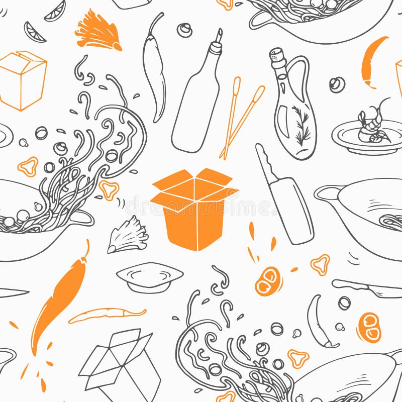 Set of Outline Hand Drawn Wok Restaurant Elements for Your Design ...