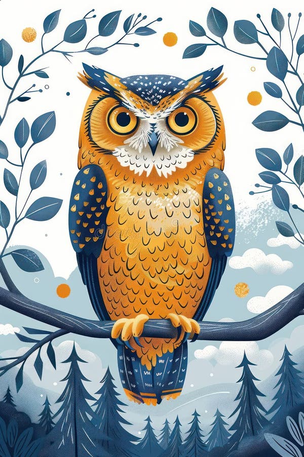 Majestic Orange Owl Perched on Branch in Winter Forest Stock ...