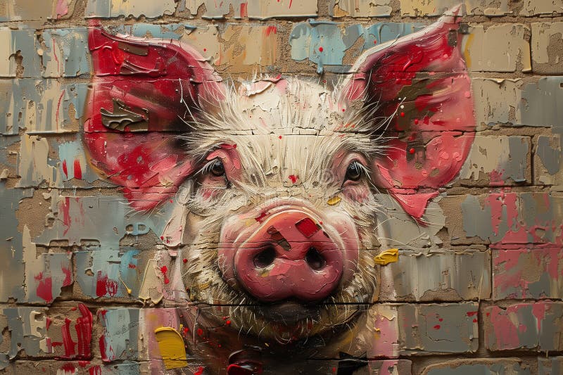 A Stylized Painting of a Pig Adorning a Brick Wall Stock Photo - Image ...