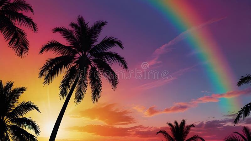 Stylized Palm Tree Silhouette Graphic with Vibrant Rainbow Sunset Background Stock Illustration ...