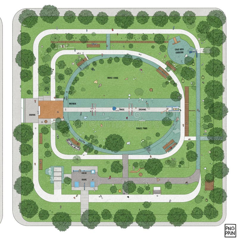 Stylized Park Map Illustration Showing an Oval-shaped Central Green ...