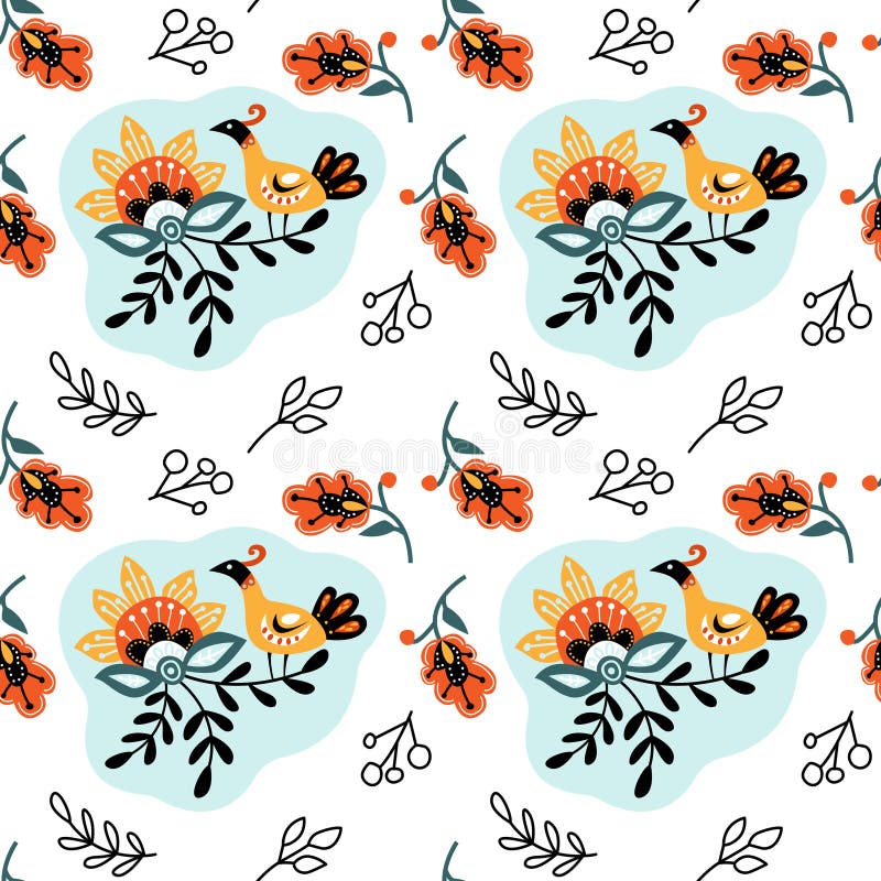 Stylized Pattern in Folk Style with a Bird Stock Vector - Illustration ...