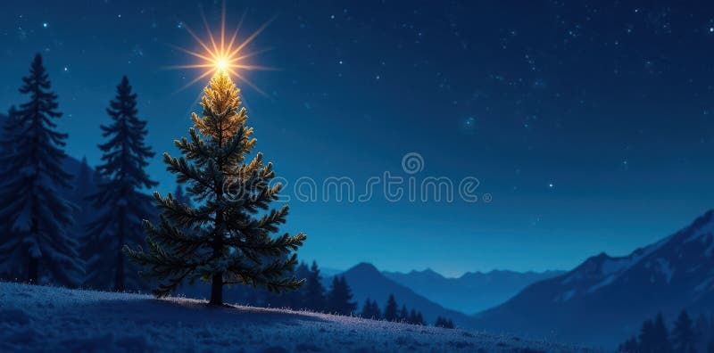 Stylized Pine, Glowing Shooting Star, Dark Blue Background, Design ...