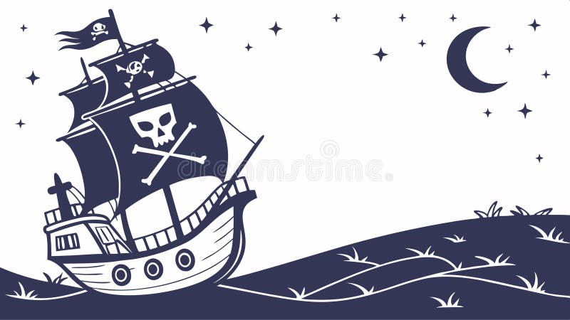 Stylized Pirate Ship Sailing Under Moon and Stars Vector Design ...