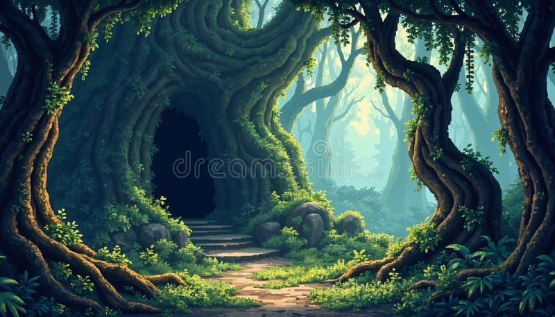 Pixel Art Forest with Central Tree and Cave Entrance, Stone Stairs ...