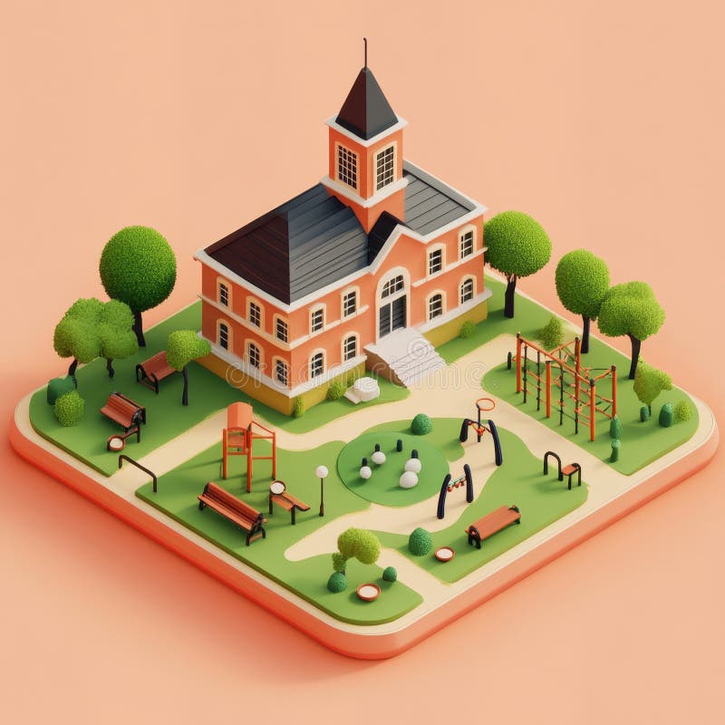 A Stylized Playground with a School Building, Trees, and Play Equipment ...