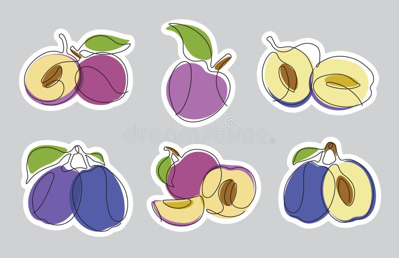 Set of Vector Stickers with Plums on a White Background in One Line ...
