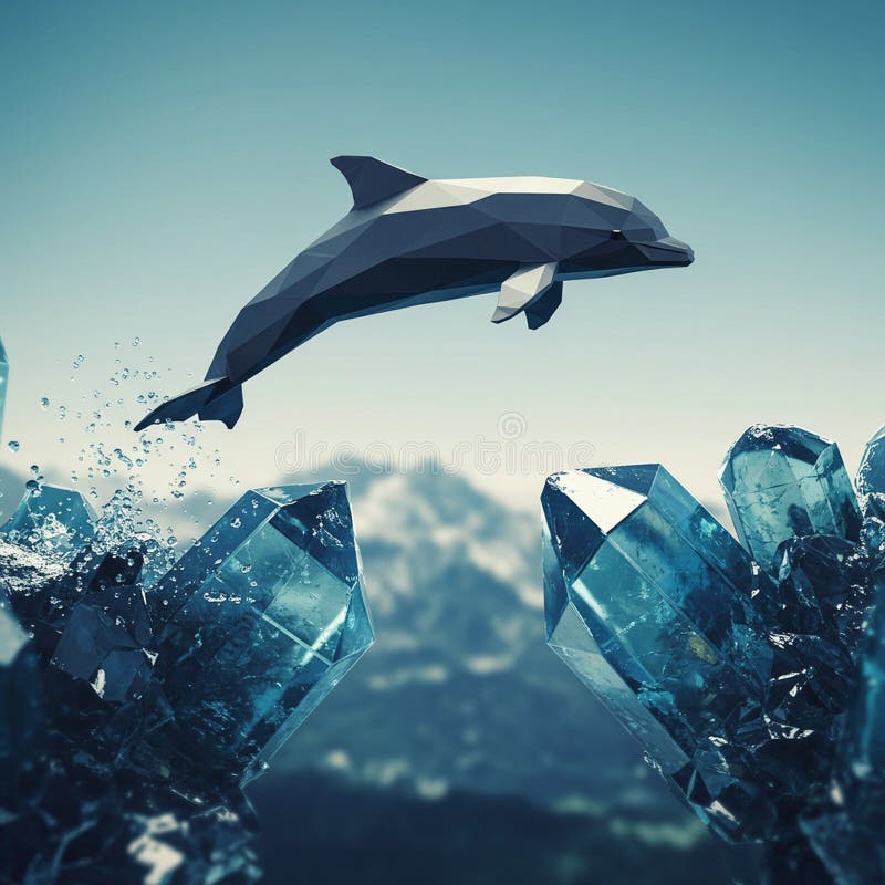 A Stylized, Polygonal Dolphin Leaps Over Large, Translucent Blue ...