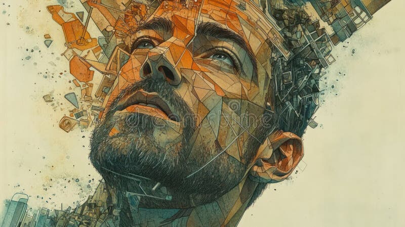Abstract Man Head Exploding Cityscape, Geometric Portrait Stock ...
