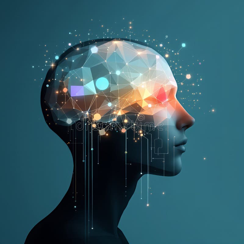 Futuristic AI Head with Polygonal Brain Network Stock Illustration ...
