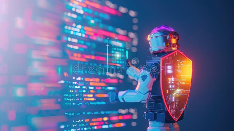 Stylized Qa Engineer Holding A Digital Shield Protecting Software Code From Bugs With