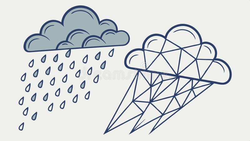 Stylized Rainy Weather Graphic with Clouds, Raindrops, and Thunderbolt ...