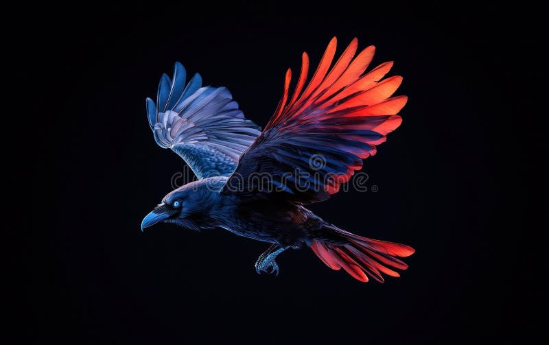 Stylized Raven in Flight Blue and Red Gradient Wings Against Black ...