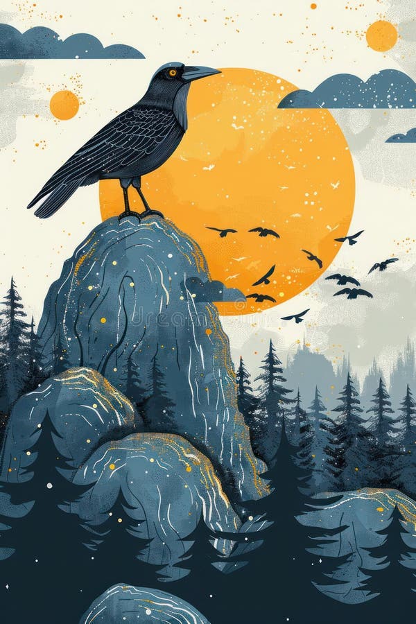 Serene Sunset: Crow Perched on Mountaintop, Majestic Landscape Stock Illustration - Illustration ...