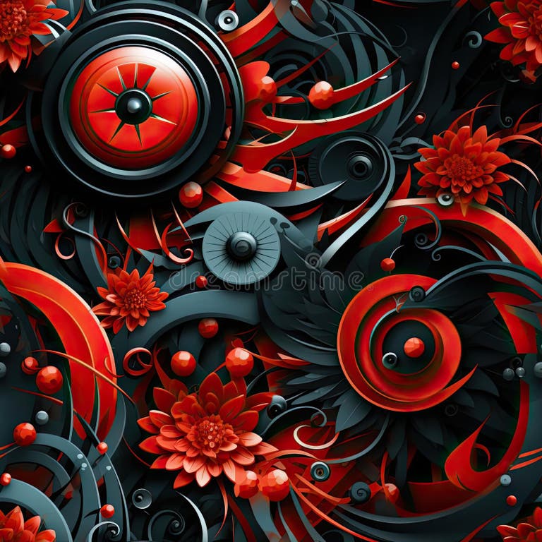 Stylized Red and Black Flower and Swirl Pattern with Mechanical Designs ...