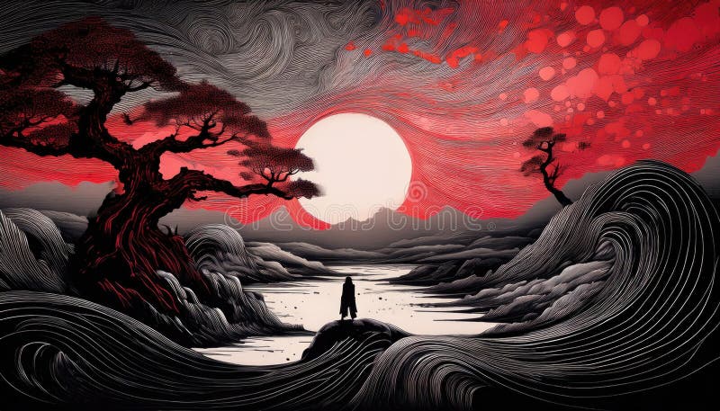 A Stylized Red and Black Landscape with Two Twisted Trees and a Figure ...
