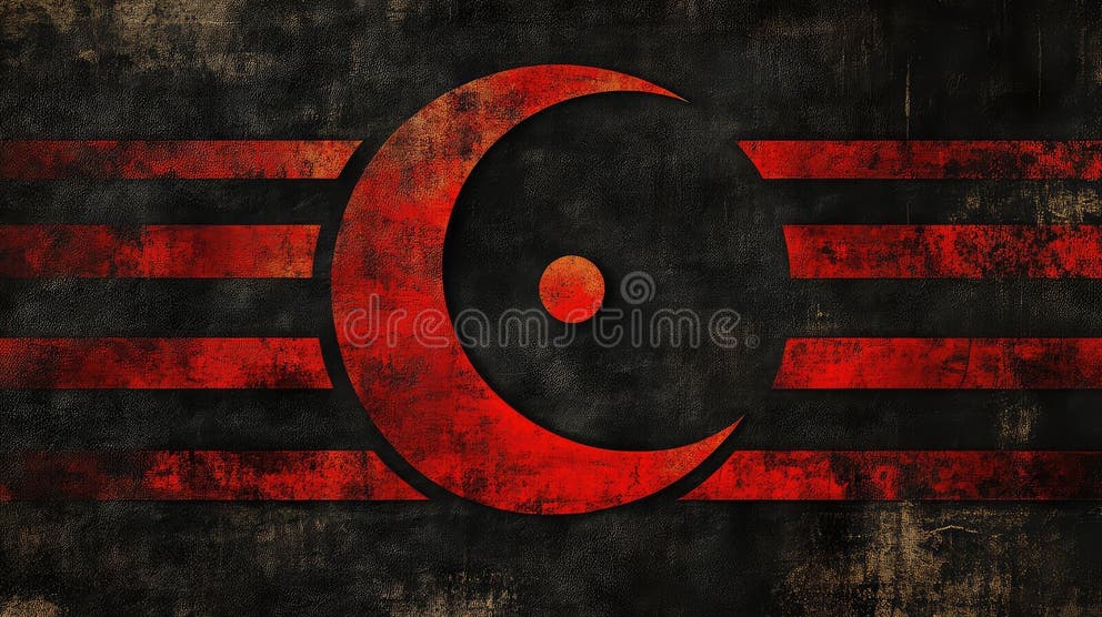 Stylized Red Crescent Moon with Face and Horizontal Stripes Stock Image ...