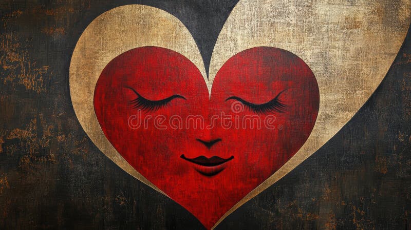 Stylized Red Heart with a Serene Facial Expression and Eyelashes Stock ...