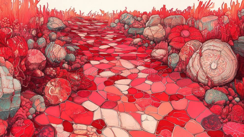 A Stylized Red Pathway Surrounded by Vibrant Rocks and Flora Stock ...