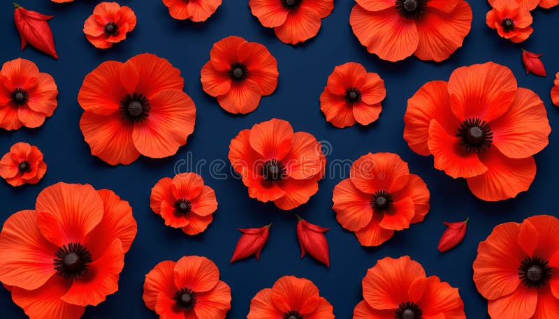 Stylized Red Poppies on Navy Background, Elegant Textile Design Stock ...