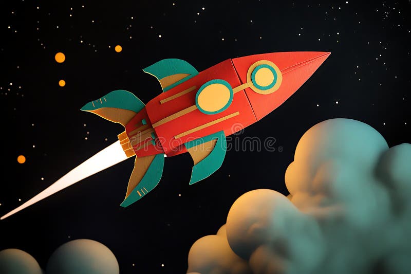Stylized Red Rocketship Ascending through Clouds Against Starry Dark ...