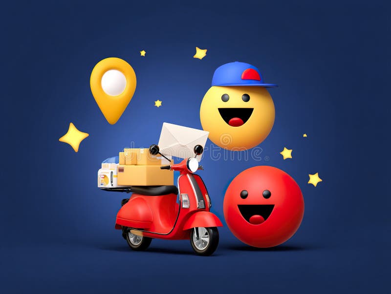 Stylized Red Scooter with Boxes and Smiley Emoticons on a Blue Gradient ...