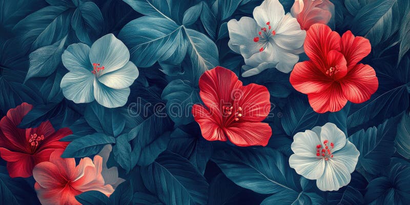 Stylized Red and White Flowers with Dark Leaves Stock Illustration ...