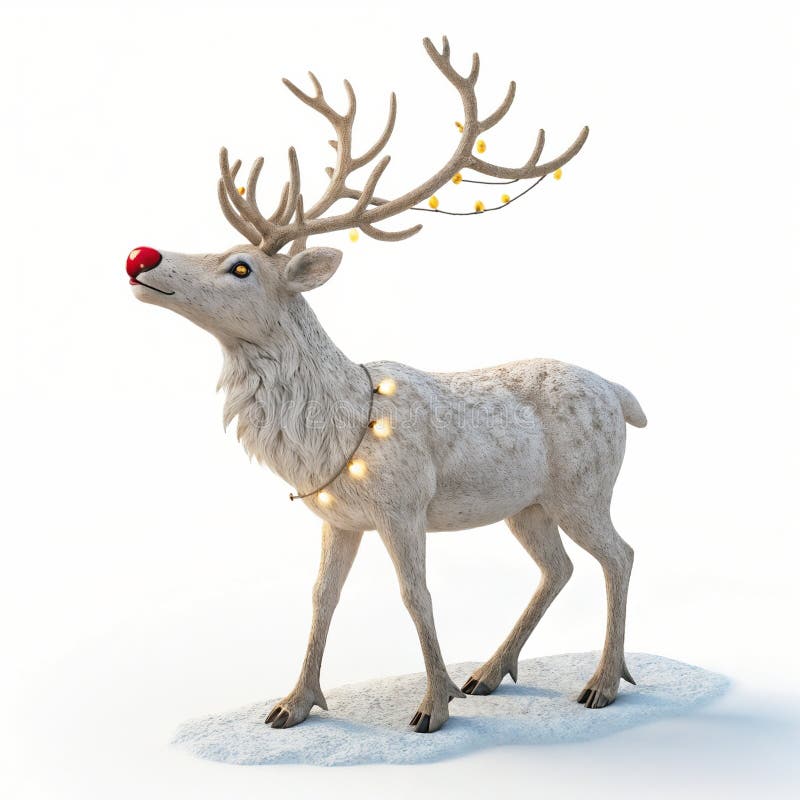 Stylized Reindeer with Red Nose and String Lights on Snow Stock ...