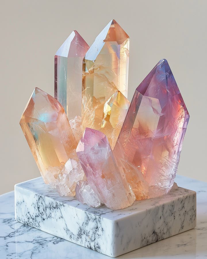 Pastel Geometric Mineral Cluster on Marble Pedestal with Luxury ...