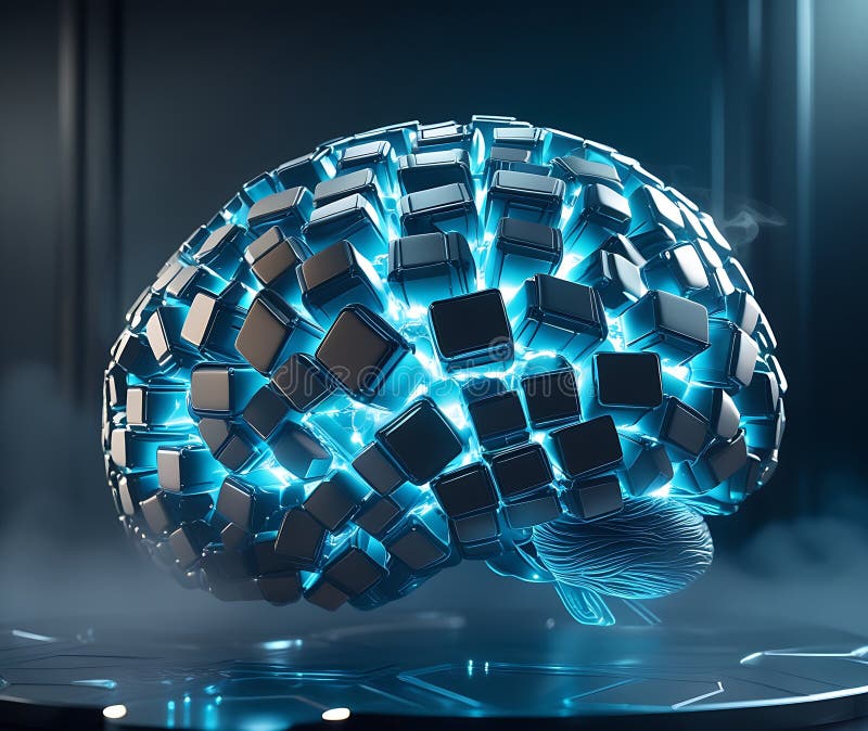 Abstract Brain Composed of Dark Cubes with Bright Blue Glowing Energy ...