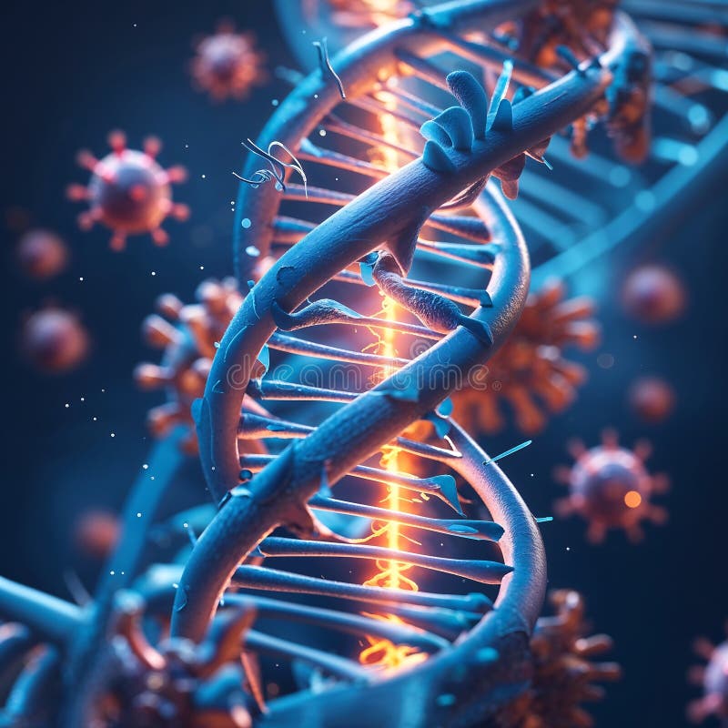 DNA Double Helix with Abstract Virus Structures on Gradient Background ...