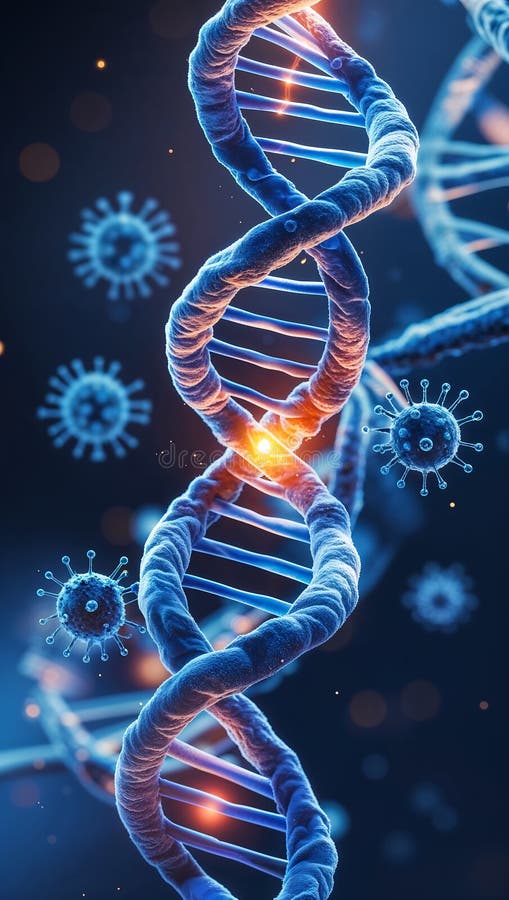 DNA Double Helix with Abstract Virus Structures on Gradient Background ...