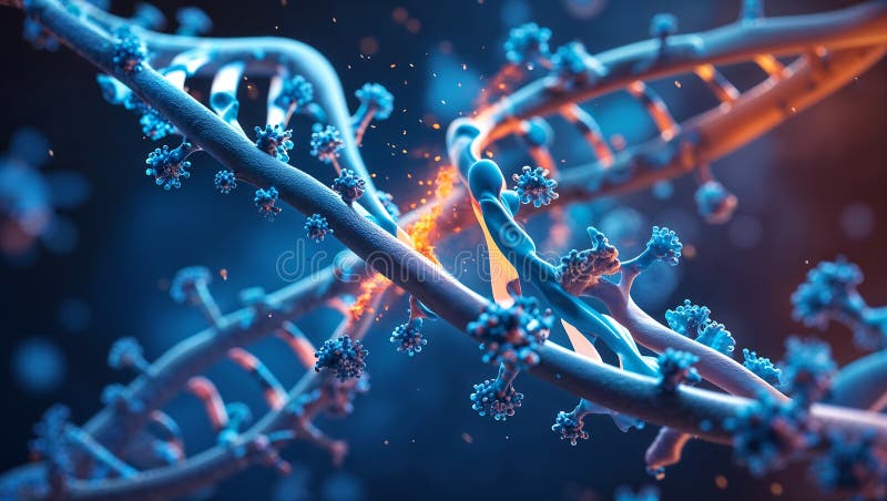 DNA Double Helix with Abstract Virus Structures on Gradient Background ...