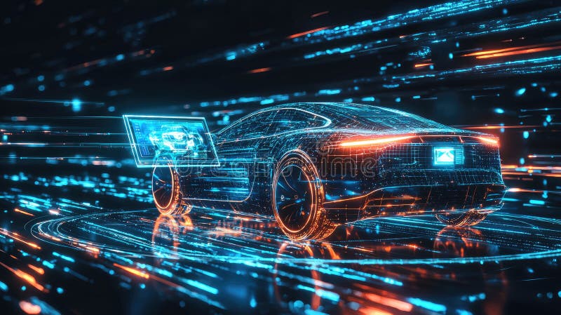 Futuristic Car Concept with Digital Network Grid and Glowing Lines ...