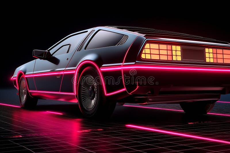 Retro-futuristic Synthwave Car with Glowing Lights on Digital Grid ...