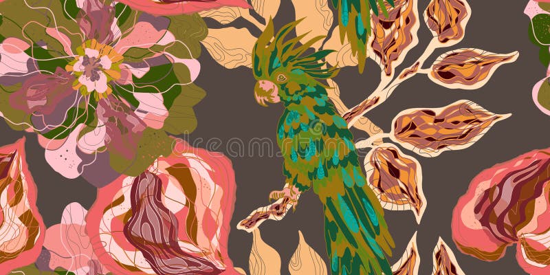 Stylized Retro Layered Flowers And Cockatoo Parrot Vector Seamless Overlapping Pattern Fantasy