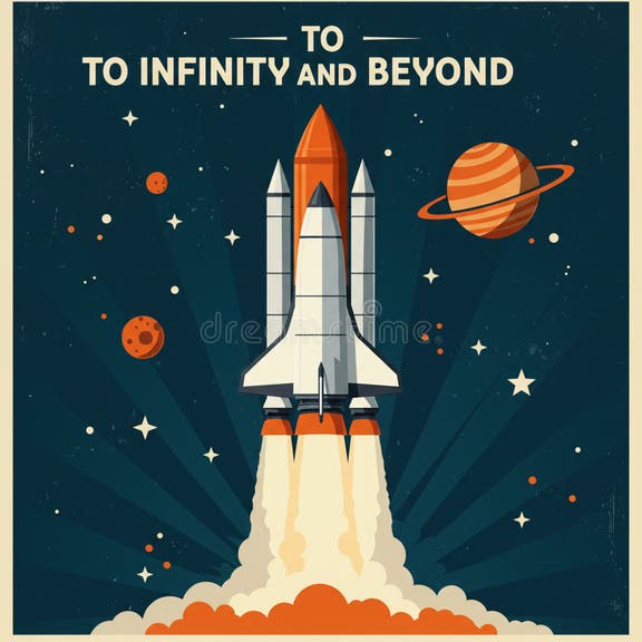 A Stylized Retro Space-themed Illustration Features a Rocket Resembling ...