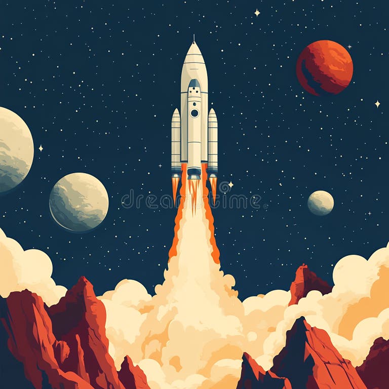 Stylized Rocket Launch Amidst Celestial Bodies Evoking Retro Space ...