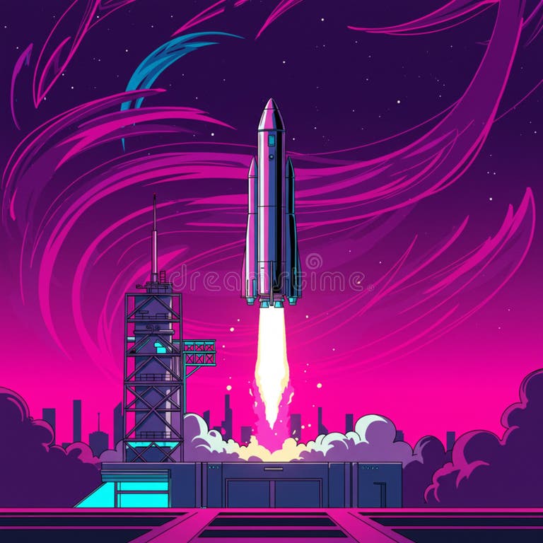 A Stylized Rocket Launch Scene Features a Sleek Spacecraft Ascending ...