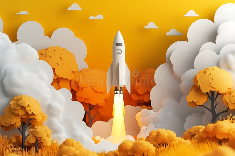 Stylized Rocket Launching from Autumnal Forest 3D Render Illustration ...