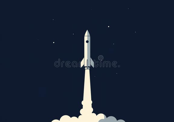 Stylized Rocket Launching into Space Against a Dark, Star-dotted Sky ...